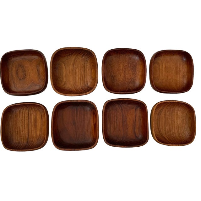 Vintage Hand Carved Square Teak, Wood Salad, Bowls, Set of 8, Made in ...