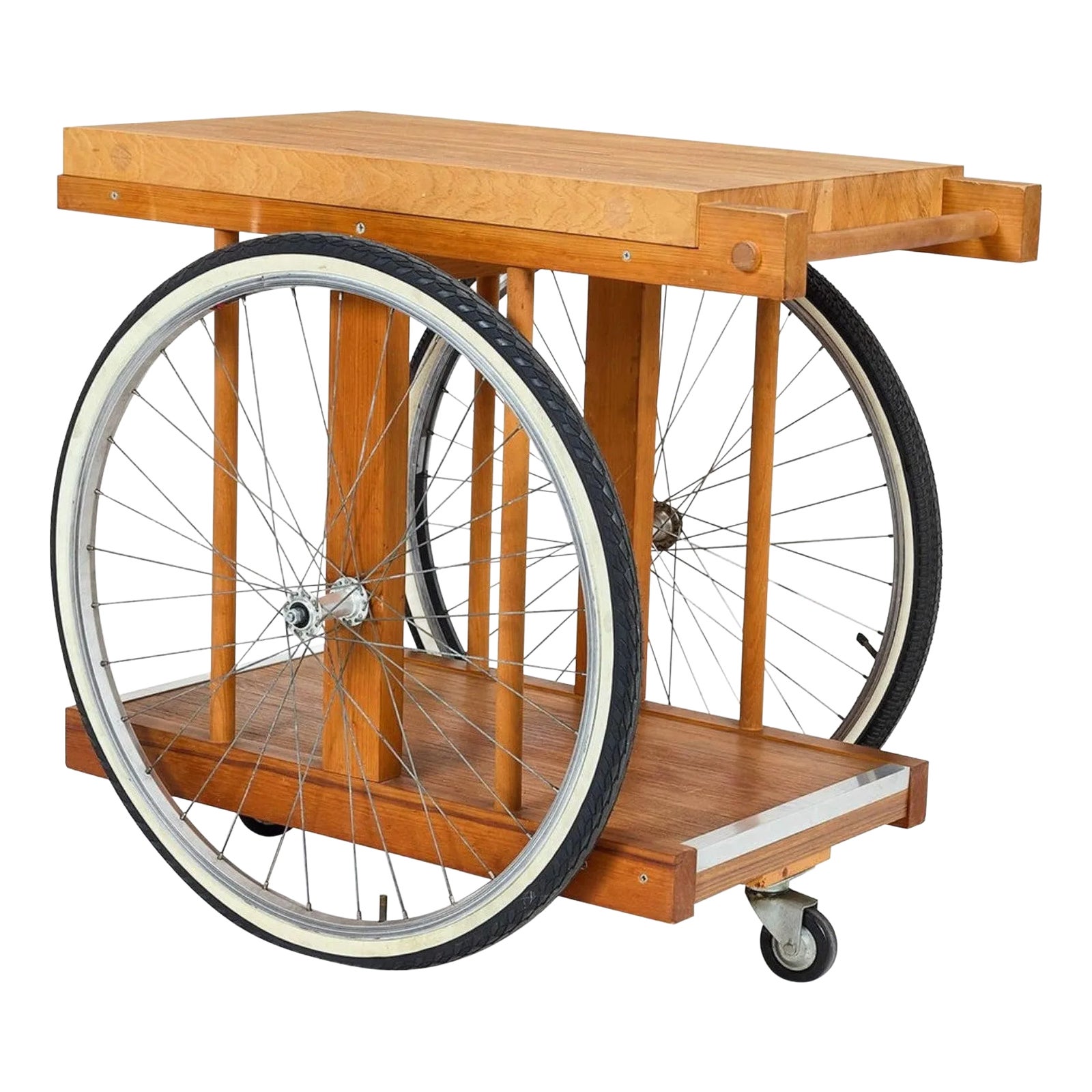 Bill W. Saunders Butcher Block Bar Cart with Bicycle Wheels | Chairish
