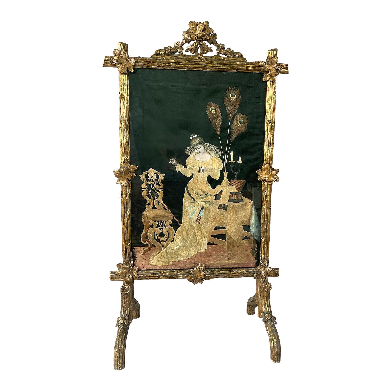 Antique French Screen - Embroidered Cloth of a Woman Sewing, Gilded ...