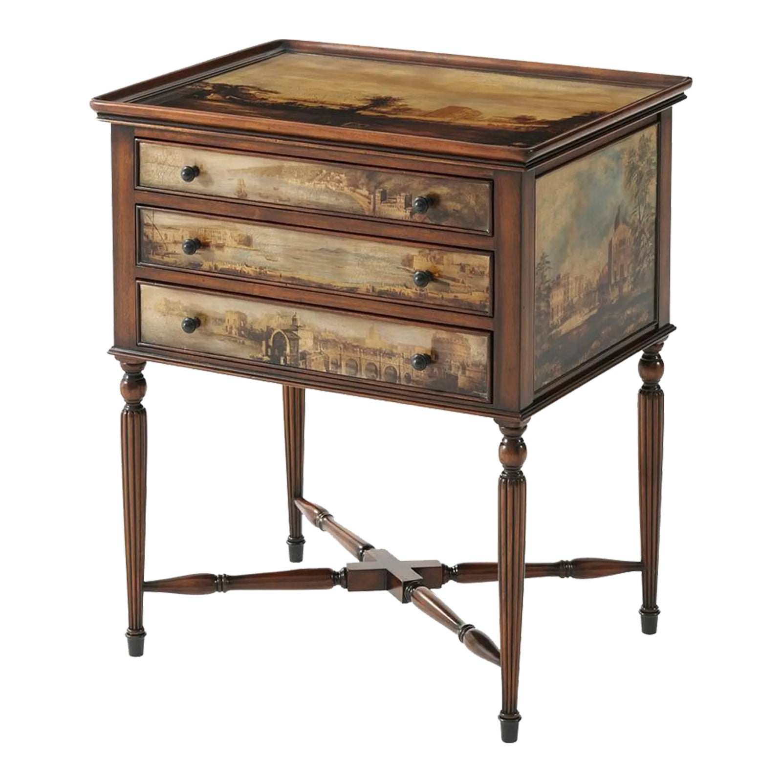 Traditional Side Table with Landscape Découpage Detail | Chairish