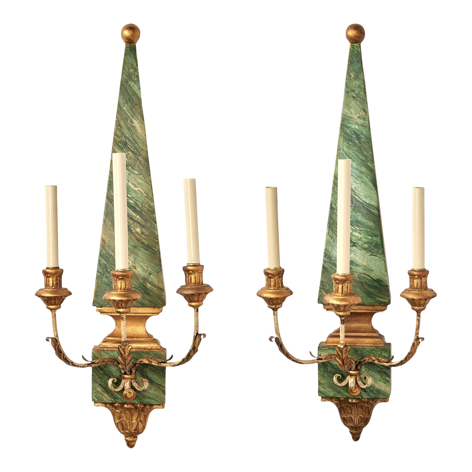 Pair of Italian Neo Classic Faux Malachite Wood Wall Sconces | Chairish