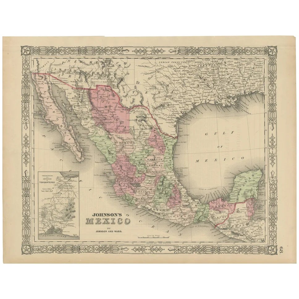 Hand-Colored Map of Mexico with Tehuantepec Inset from Johnson's, USA ...