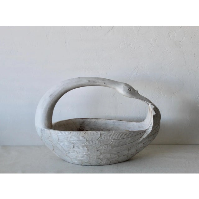 Large Hand Carved Wood Swan Basket White Finish Vintage Mid-Century ...