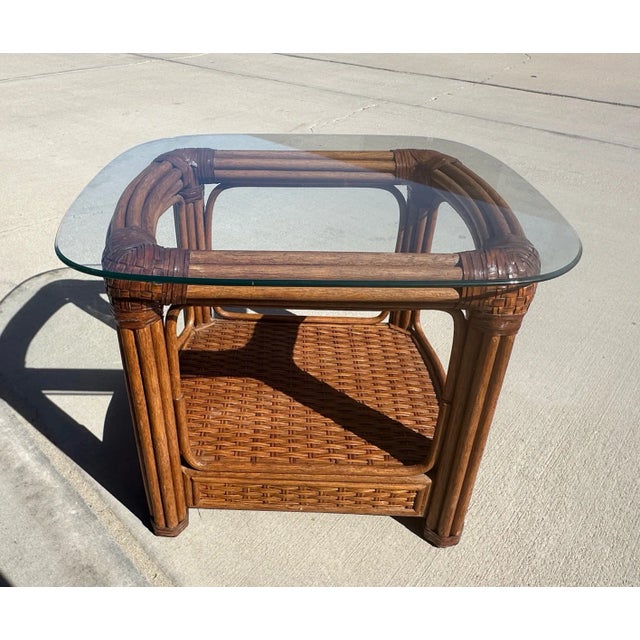 Vintage Bamboo/Rattan Glass Top Side Table | Chairish