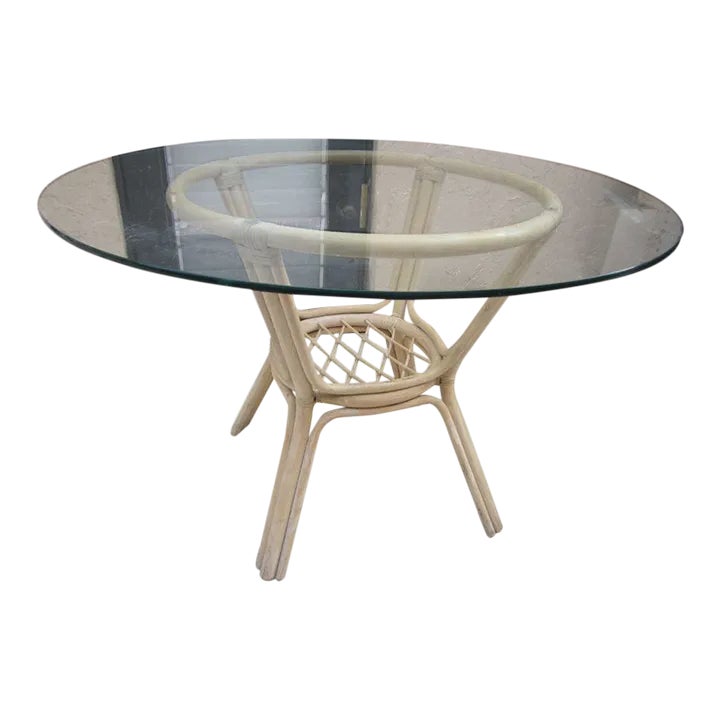 1980s Bamboo Rattan Round Table Base With Glass Top Tropical Style ...