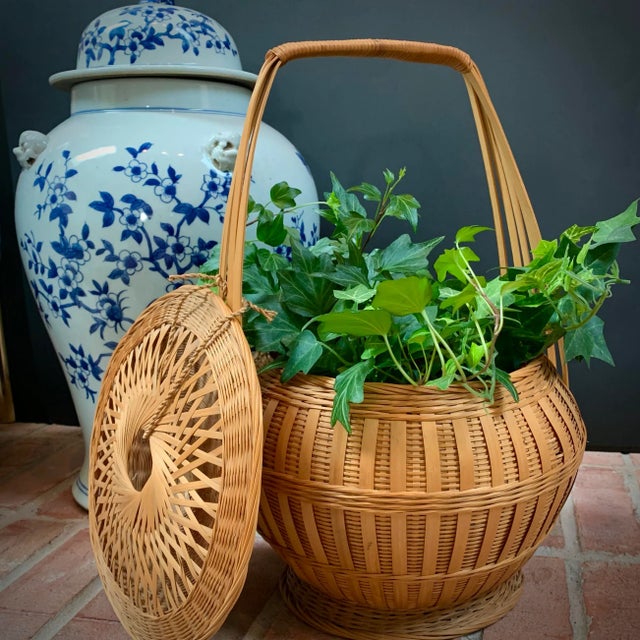 1970s Chinese Bamboo & Rattan Lidded Basket | Chairish