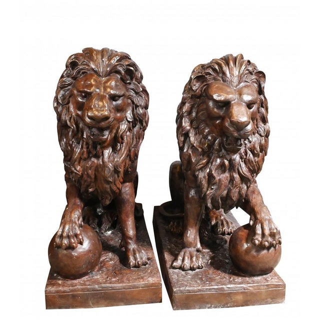 Large Bronze Lion Statues Medici Gatekeeper Lions, Set of 2 | Chairish