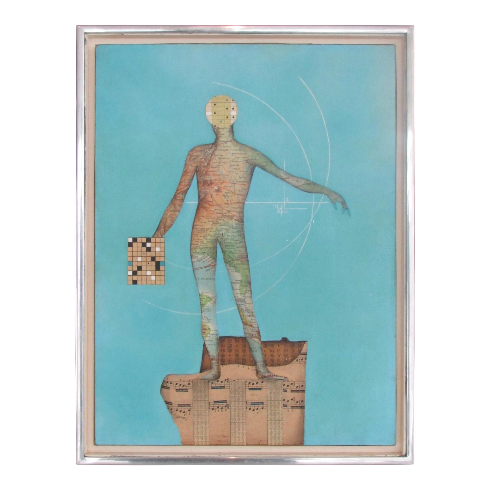1962 Modernist Map Man on Musical Score with Blue Field Dated Collage ...