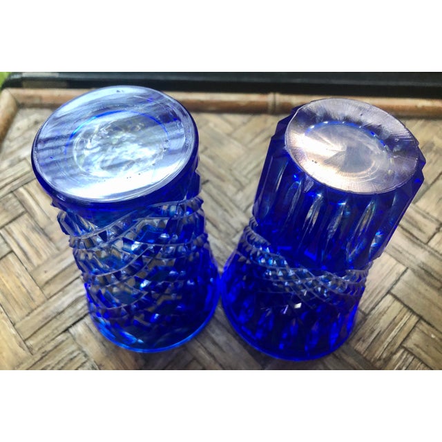 Vintage Mid Century Cobalt Blue Cut To Clear Crystal Glass Vases A