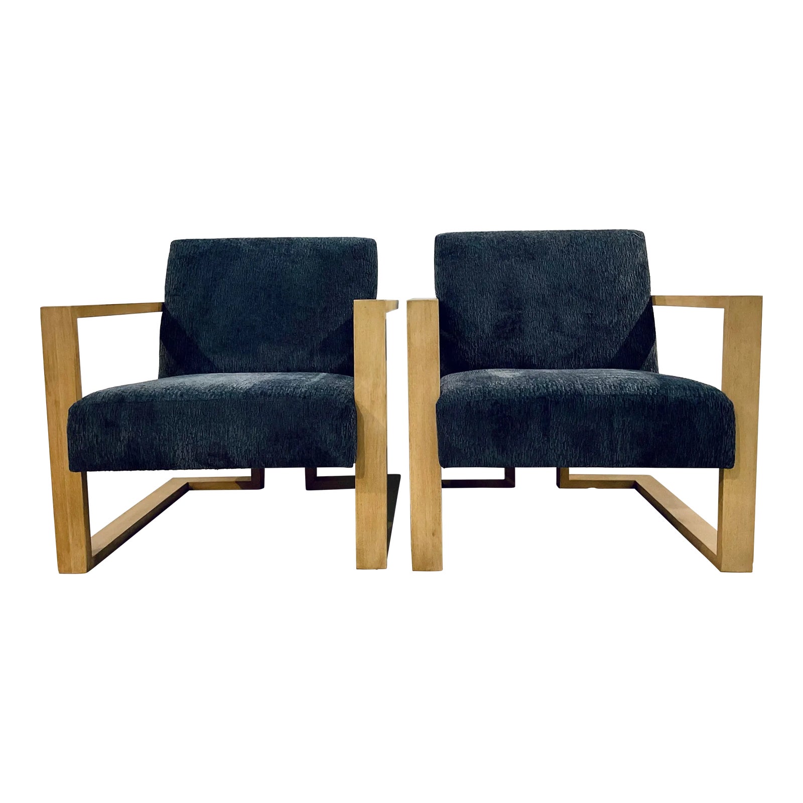 Modern Midnight Blue Chenille Lounge Chairs Pair | Chairish