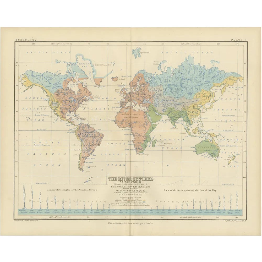 River Systems Map of the World by A.K. Johnston, 1856 | Chairish