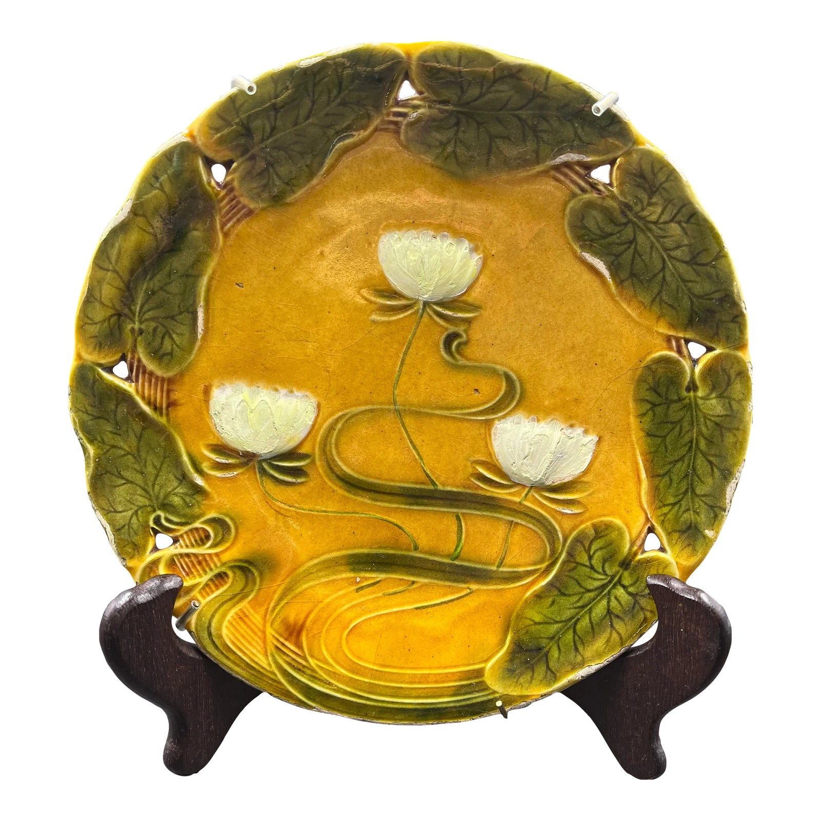 Early 20th Century Majolica Floral Plate With Lily Pads Design | Chairish
