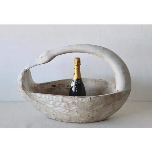 Large Hand Carved Wood Swan Basket White Finish Vintage Mid-Century ...