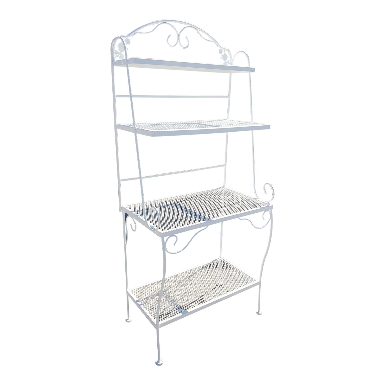 1970s Vintage Wrought Iron & Metal Mesh Bakers Rack | Chairish