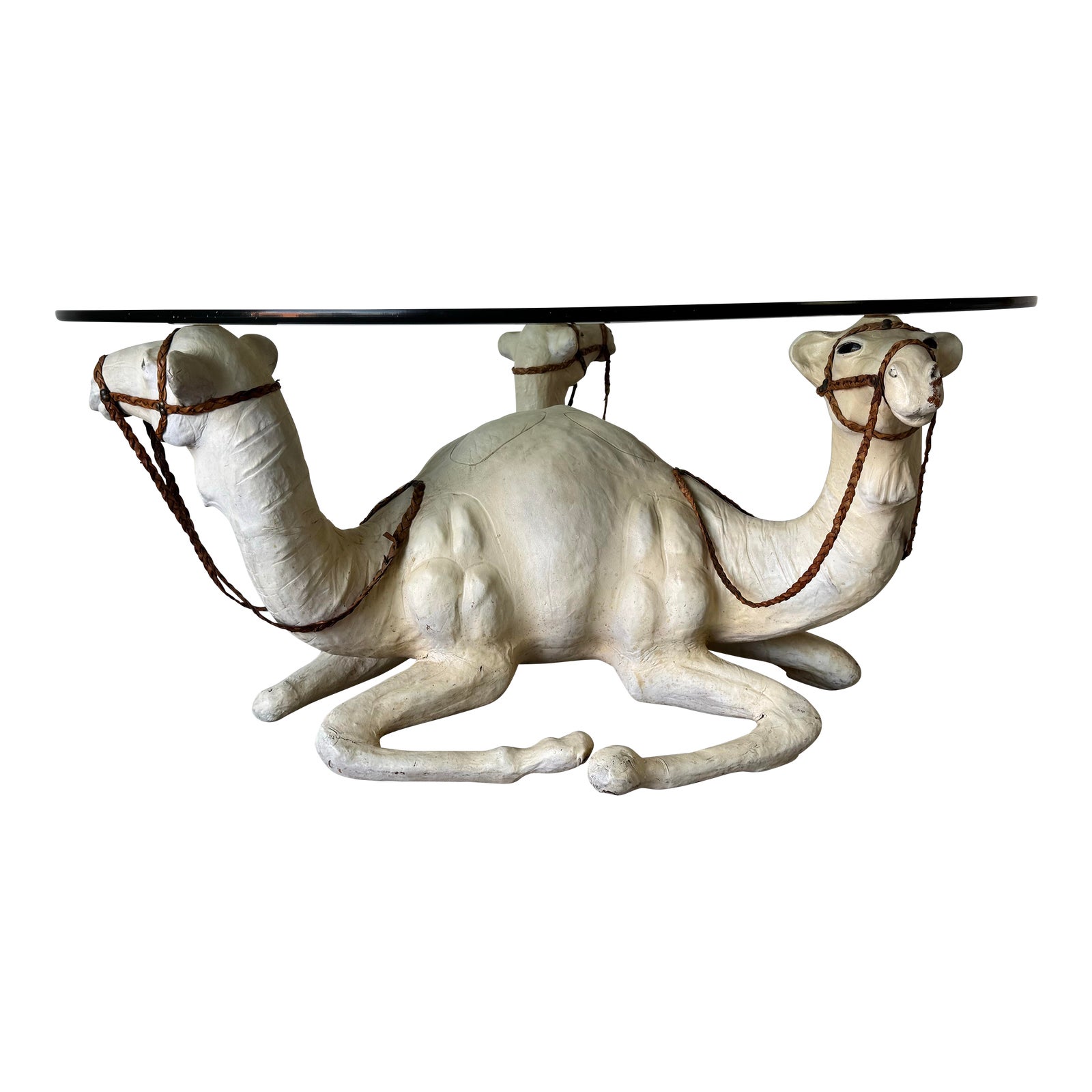 1970’s Hollywood Regency Triple Camel Leather & Glass Top Coffee Table ...