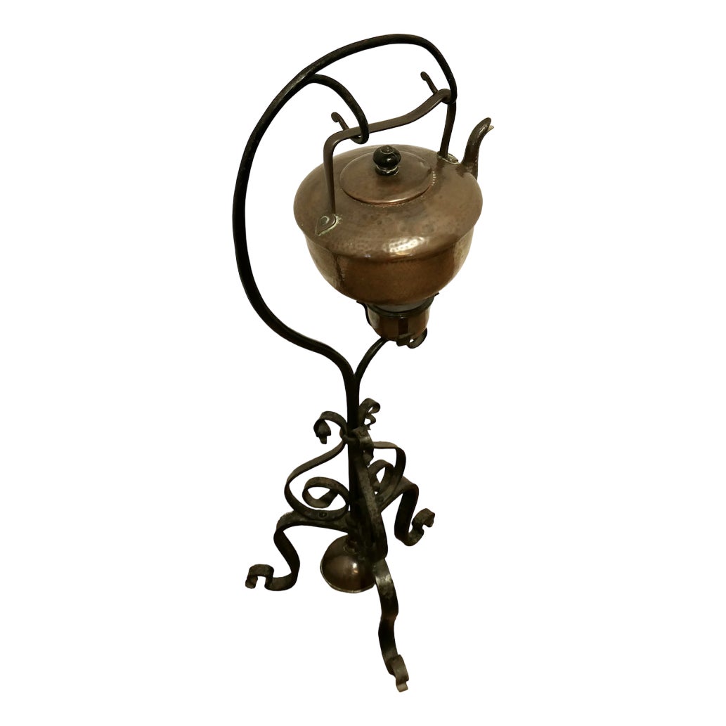 19th Century Copper Swinging Sprit Kettle on a Wrought Iron Stand, Set ...