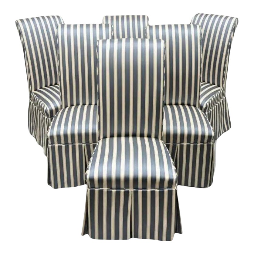 Late 20th Century Custom Blue & Cream Striped Parsons Dining Chairs ...