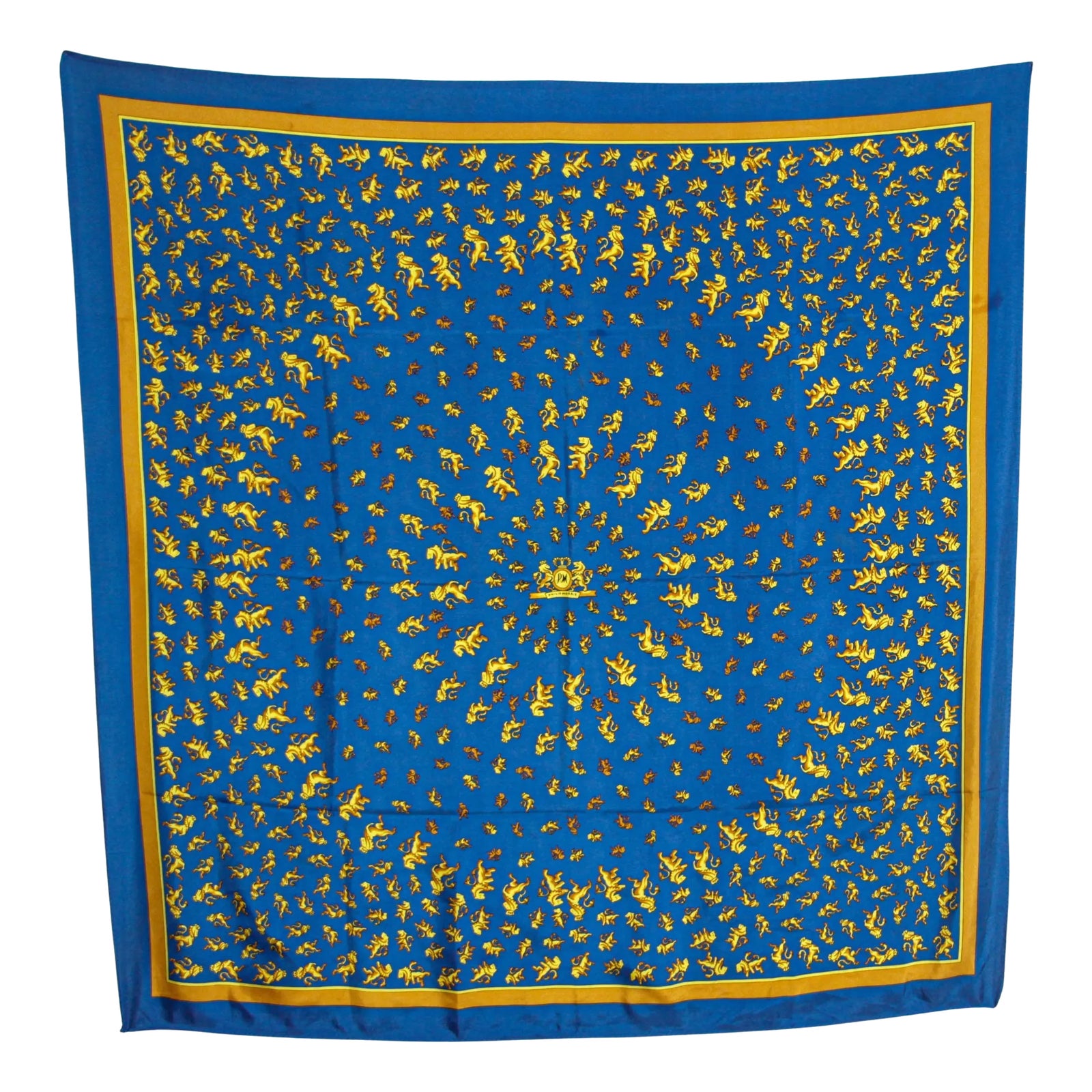 P. Morris Blue and Gold Silk Scarf with Lion Crest Printed Motif 1980s ...