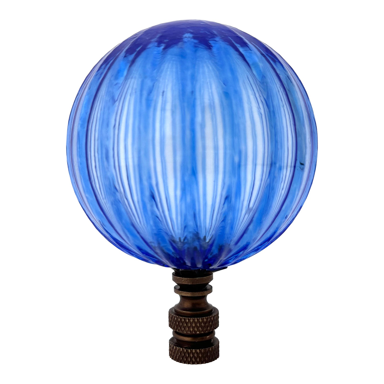 Ribbed Optic Glass Lamp Finial in Blue on Bronze Hardware | Chairish