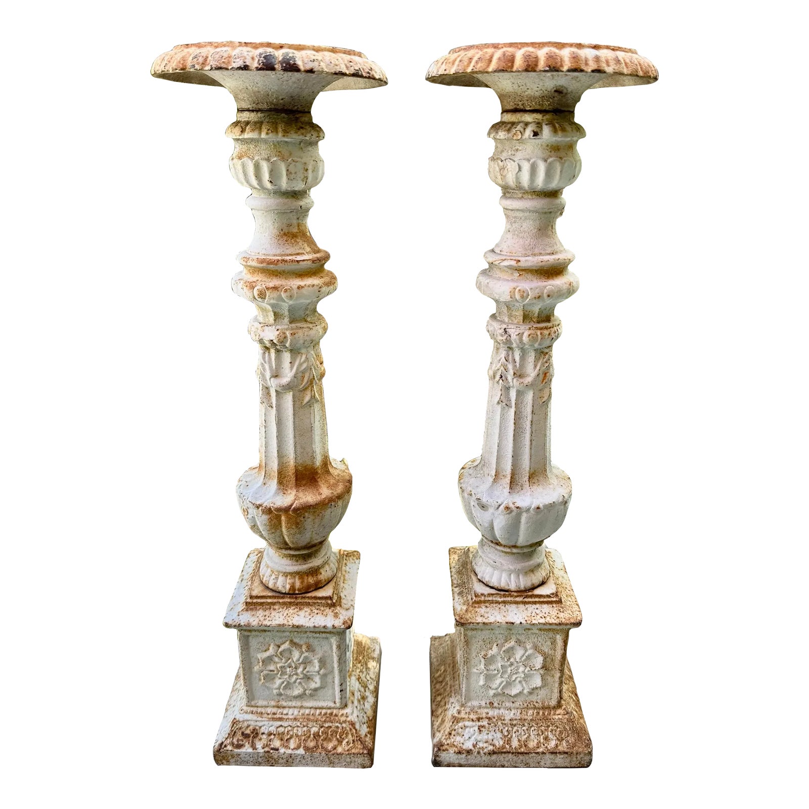 Pair of Monumental Off White Antique Cast Iron Candlesticks | Chairish