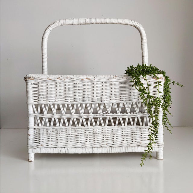 1970s Vintage White Wicker Magazine Rack | Chairish