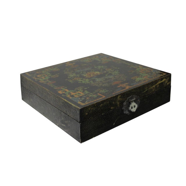 Chinese Distressed Black Lacquer Treasure Symbol Graphic Square Box ...