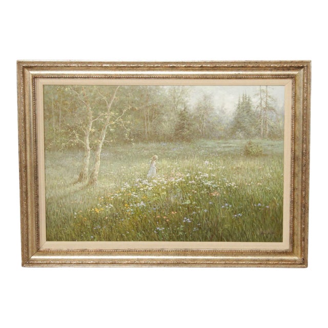 Hyun Bo Yoo 'Girl in Flower Field' Framed Oil Painting | Chairish