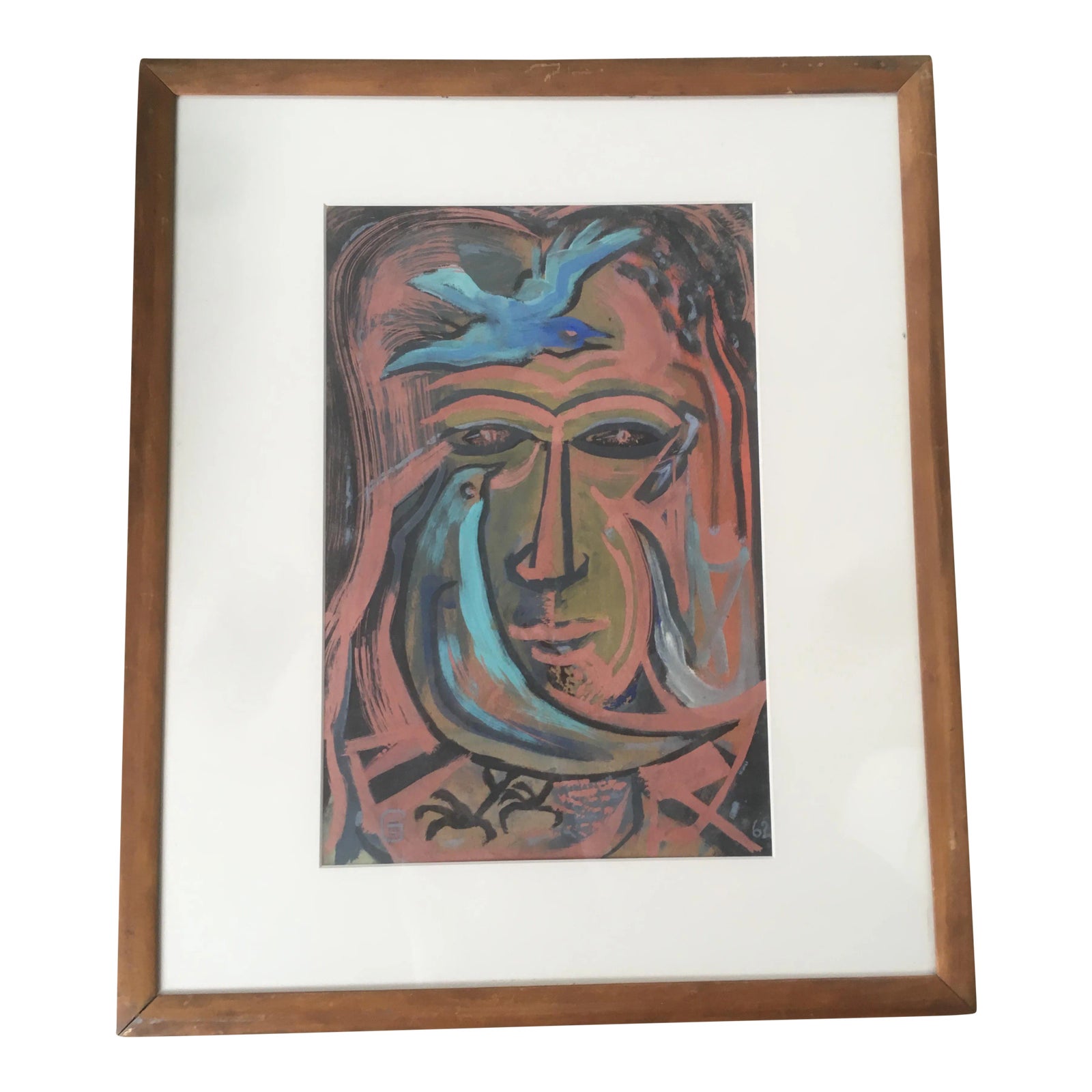 Vintage Mid-Century Modern Abstract Face Bird Painting by William S ...