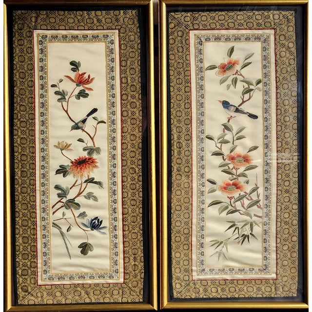 Pair of Contemporary Chinese Silk Needlework Floral Panels, Framed ...