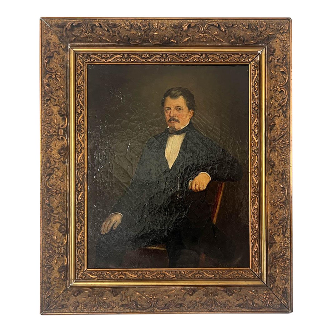 19th C. Antique French Gent Portrait Oil Painting With Gesso Frame ...