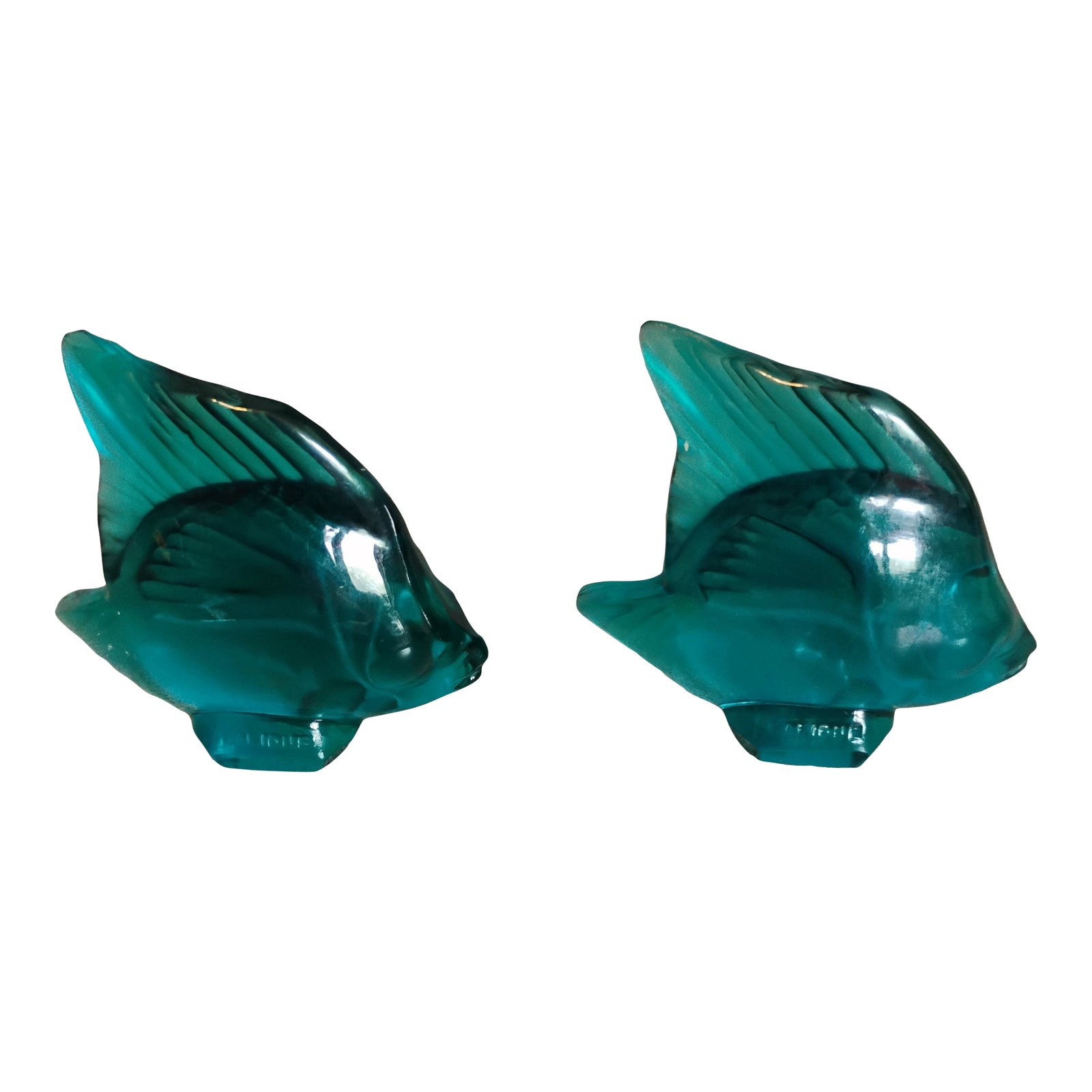 1970s Lalique Frosted Teal Angel Fish Figurine, Set of 2 | Chairish