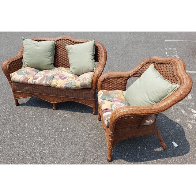 1960s Vintage Wicker Rattan Loveseat and Chair Set in Floral Upholstery ...