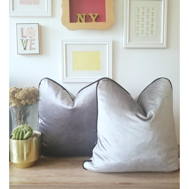 Silver Platinum Velvet Pillow With Onyx Piping | Chairish