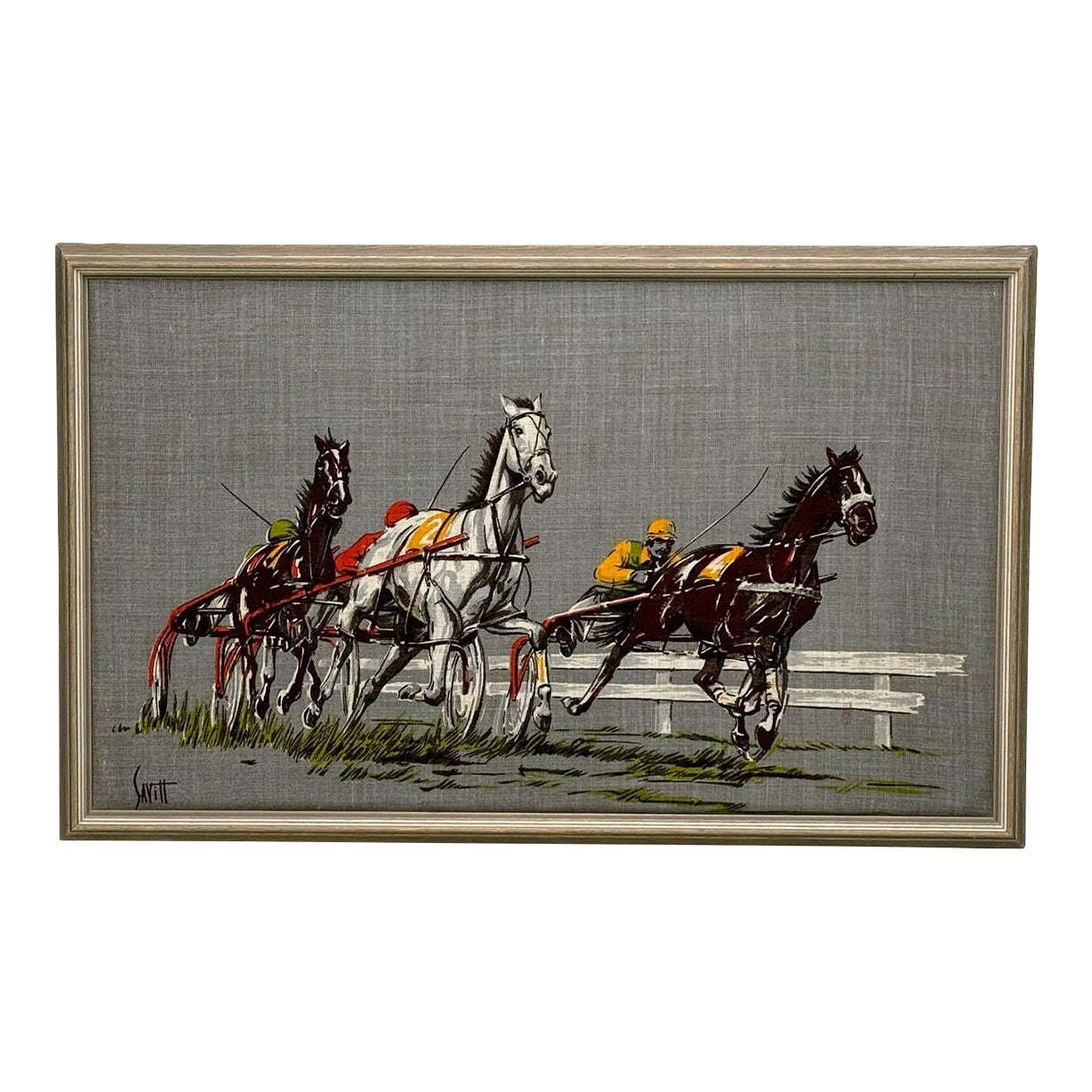 Mid-Century Sam Savitt Horse Jockey Linen Painting Wall Art - 32 X 20 ...