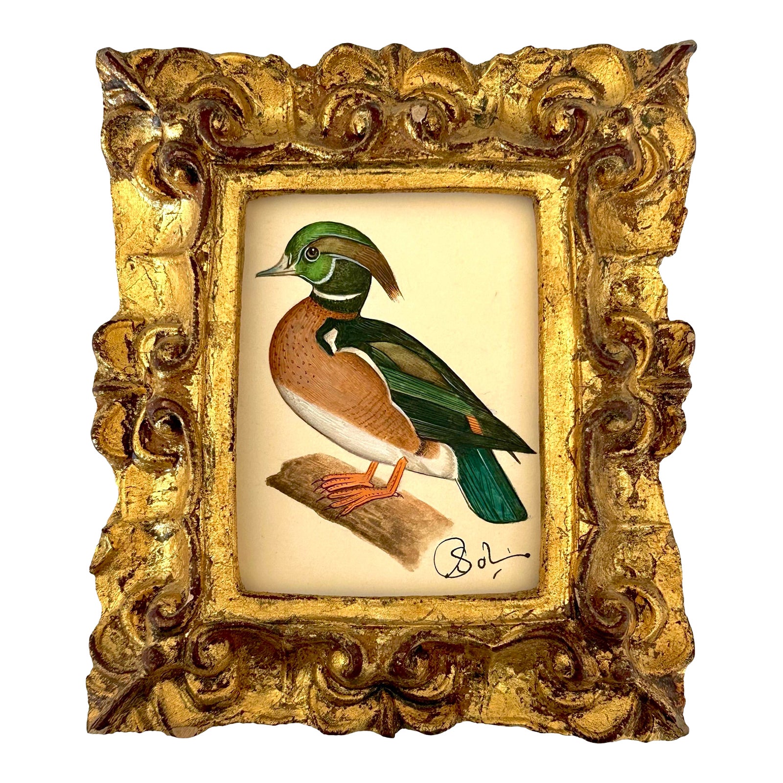 Original Hand-Painted Mallard Miniature Painting in an Italian Vintage ...
