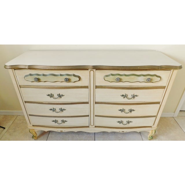Vintage Mid Century French Provincial Ivory & Gold Wood Six Drawer ...