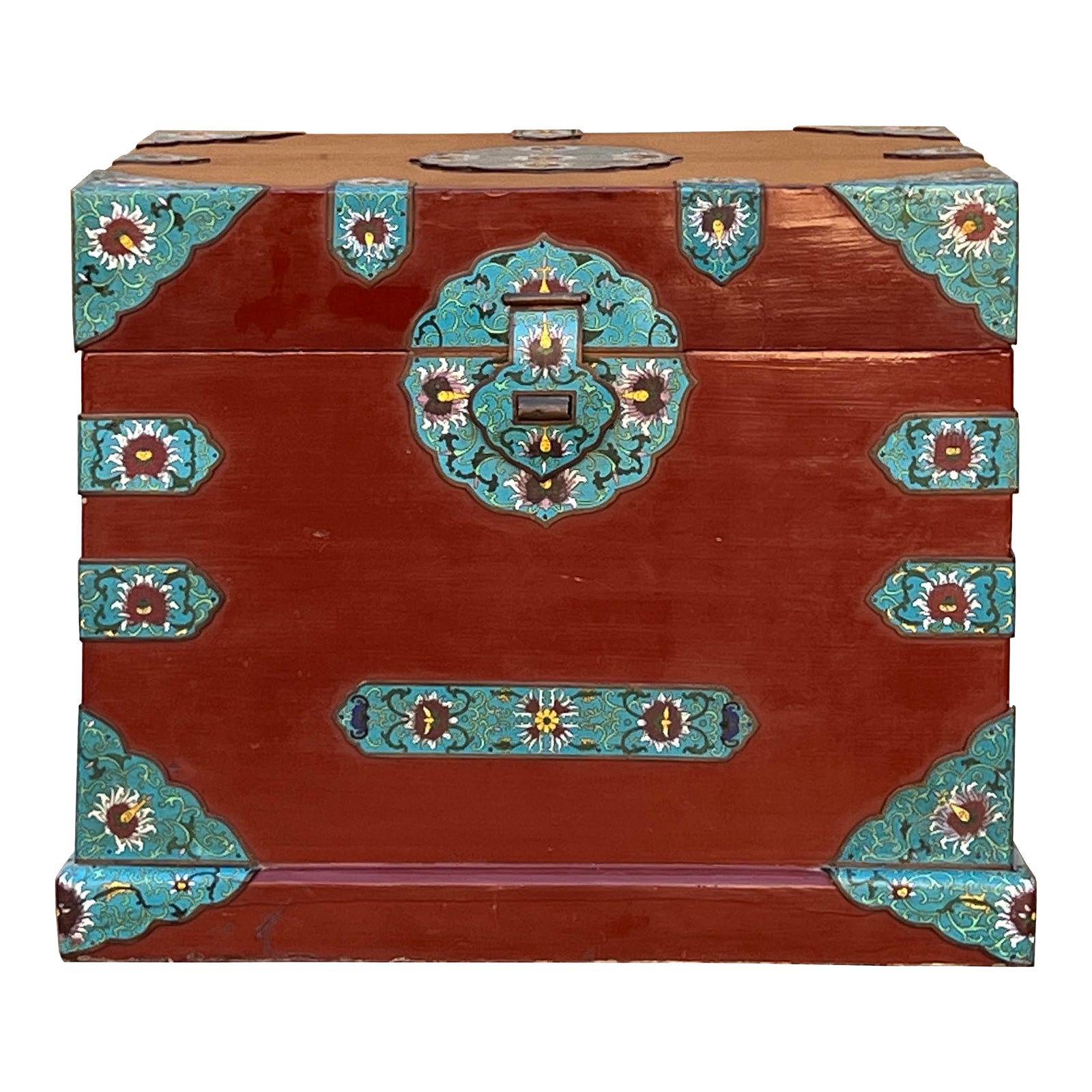 Vintage Chinese Blue Cloisonné Lotus Hardware Red Lacquer Trunk | Chairish