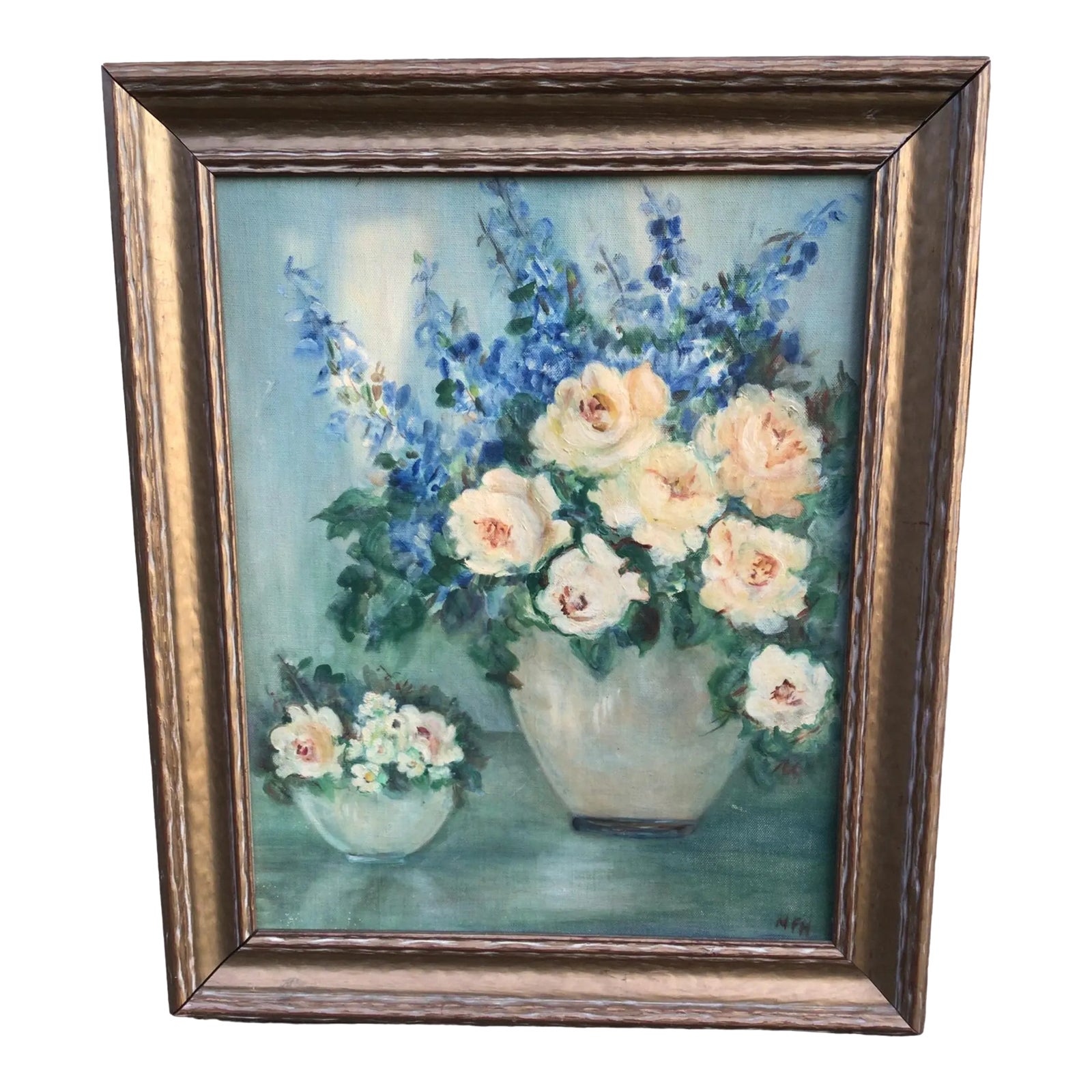 Vintage Original Oil Painting Roses and Delphiniums | Chairish