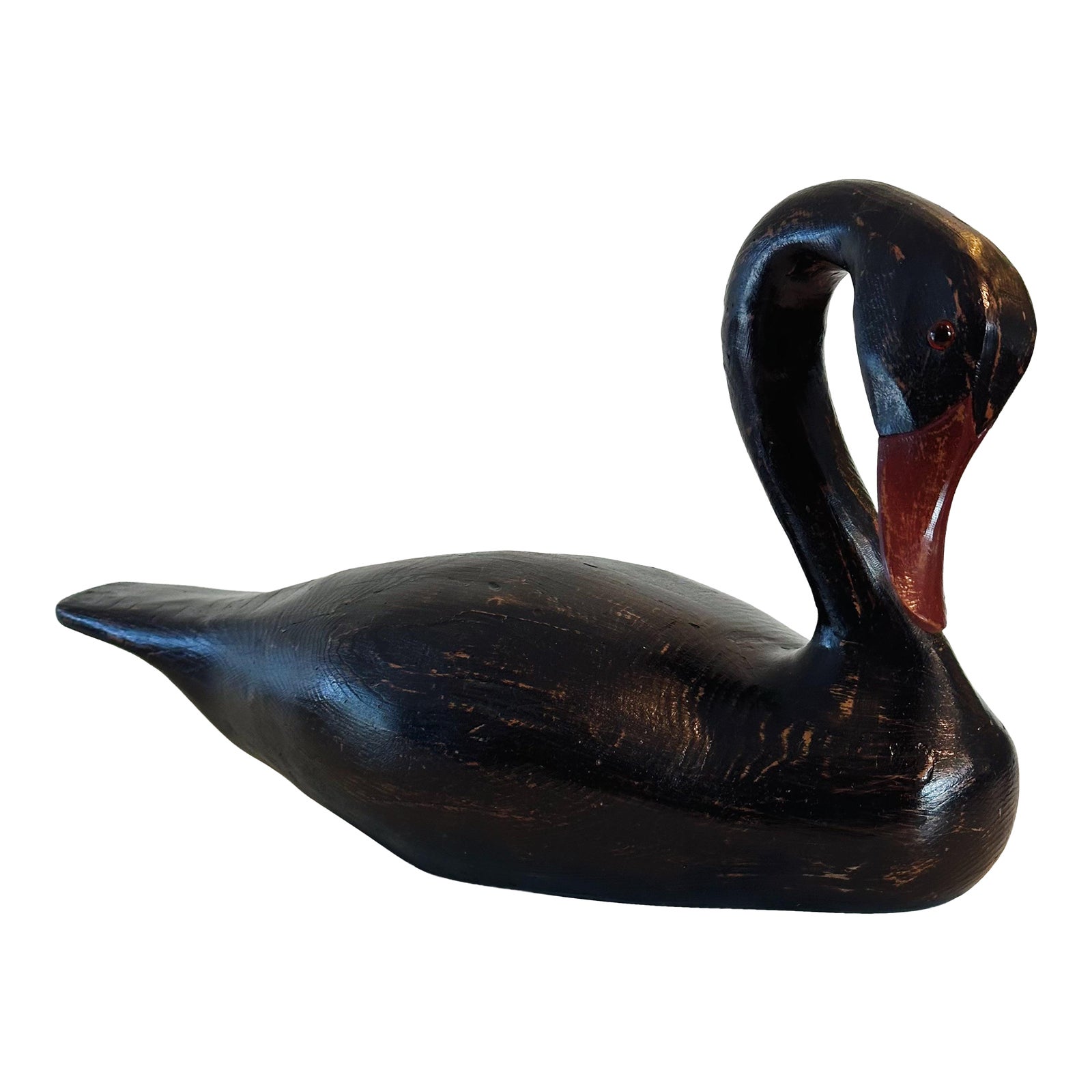 MId-Century Carved Wood Black Swan With Red Bill and Glass Eyes | Chairish