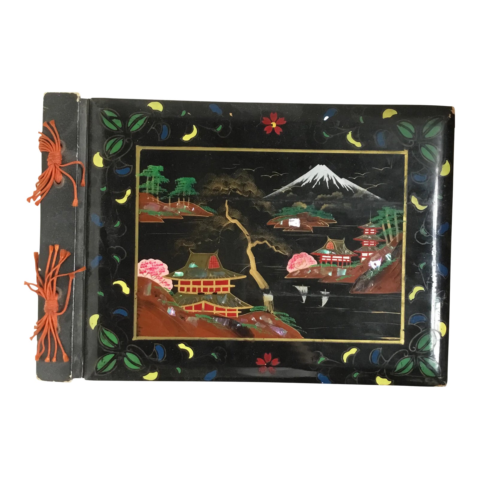 Mid 20th Century Vintage Japanese Black Lacquer Pagoda Hand Painted ...