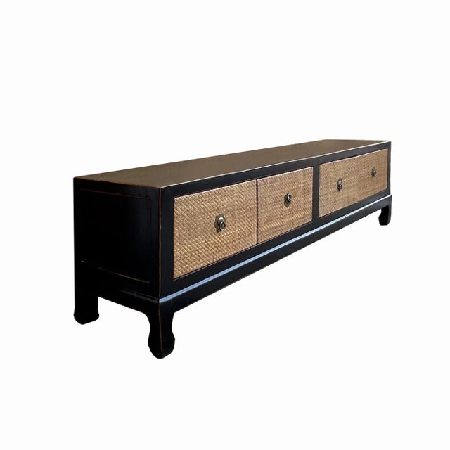 Oriental Black Light Tan Rattan Doors Low Tv Stand Console Table ...