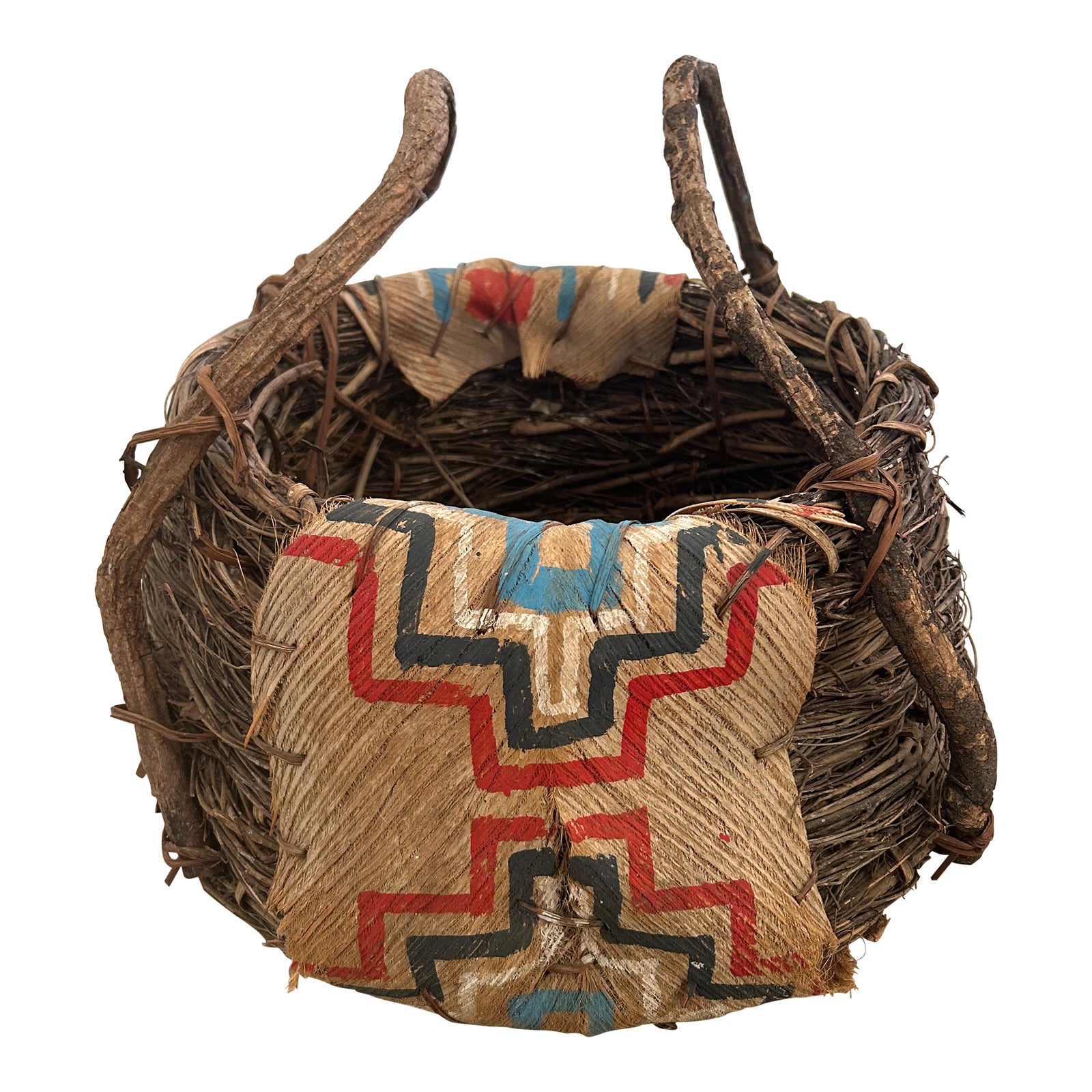 Native American Twig & Bark Hand Painted Antique Basket | Chairish