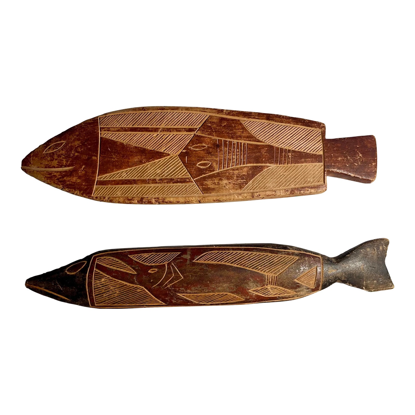Set of 2 Vintage Australian Aboriginal Hand Carved Wood Fish Spirit ...