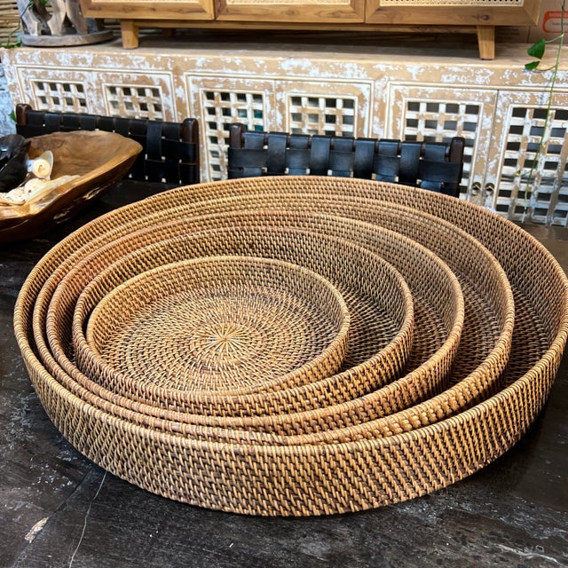 Set of 5 Hand-Woven Rattan Trays | Chairish