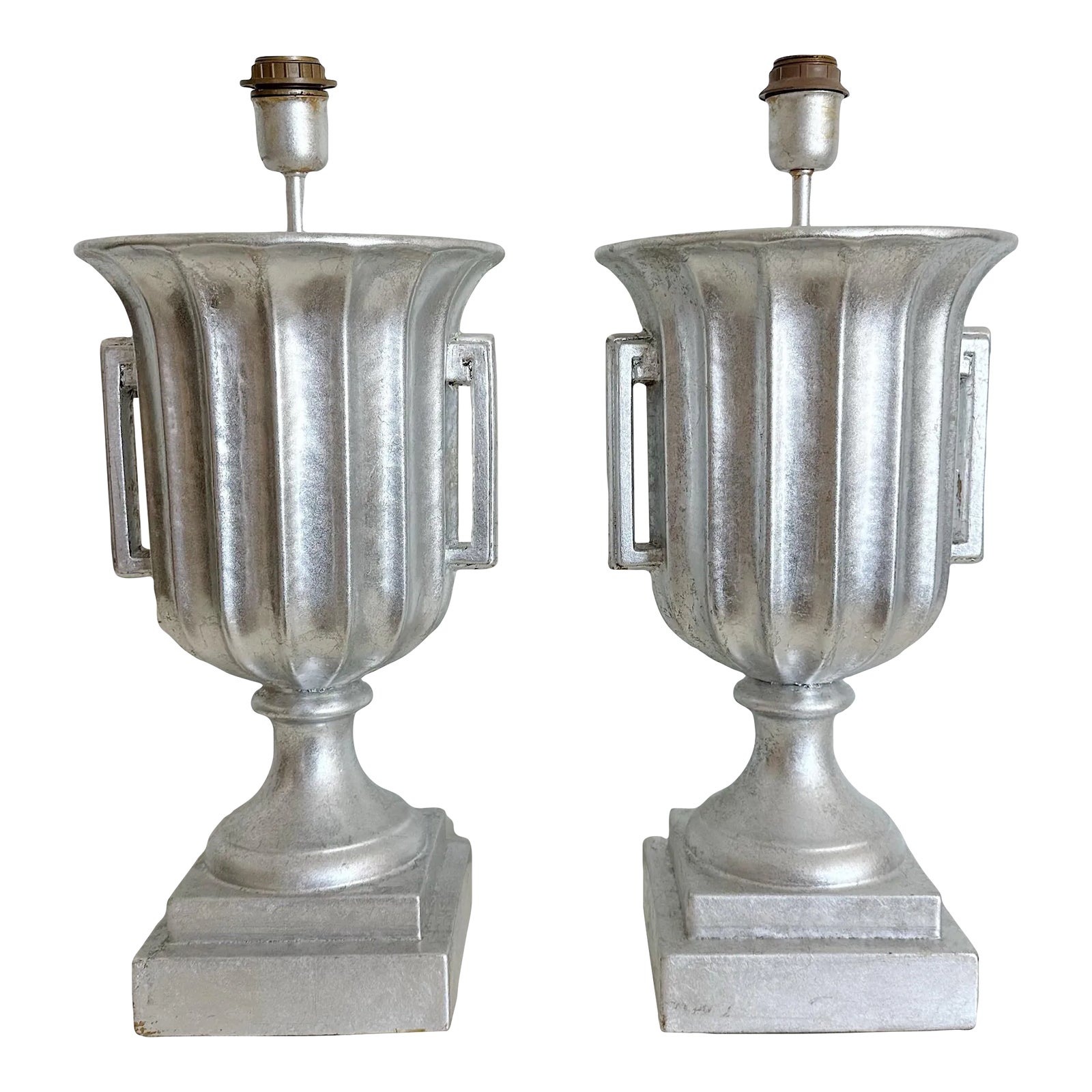 Pair of Silver Glaze Ceramic Urn Lamps, 1980s | Chairish