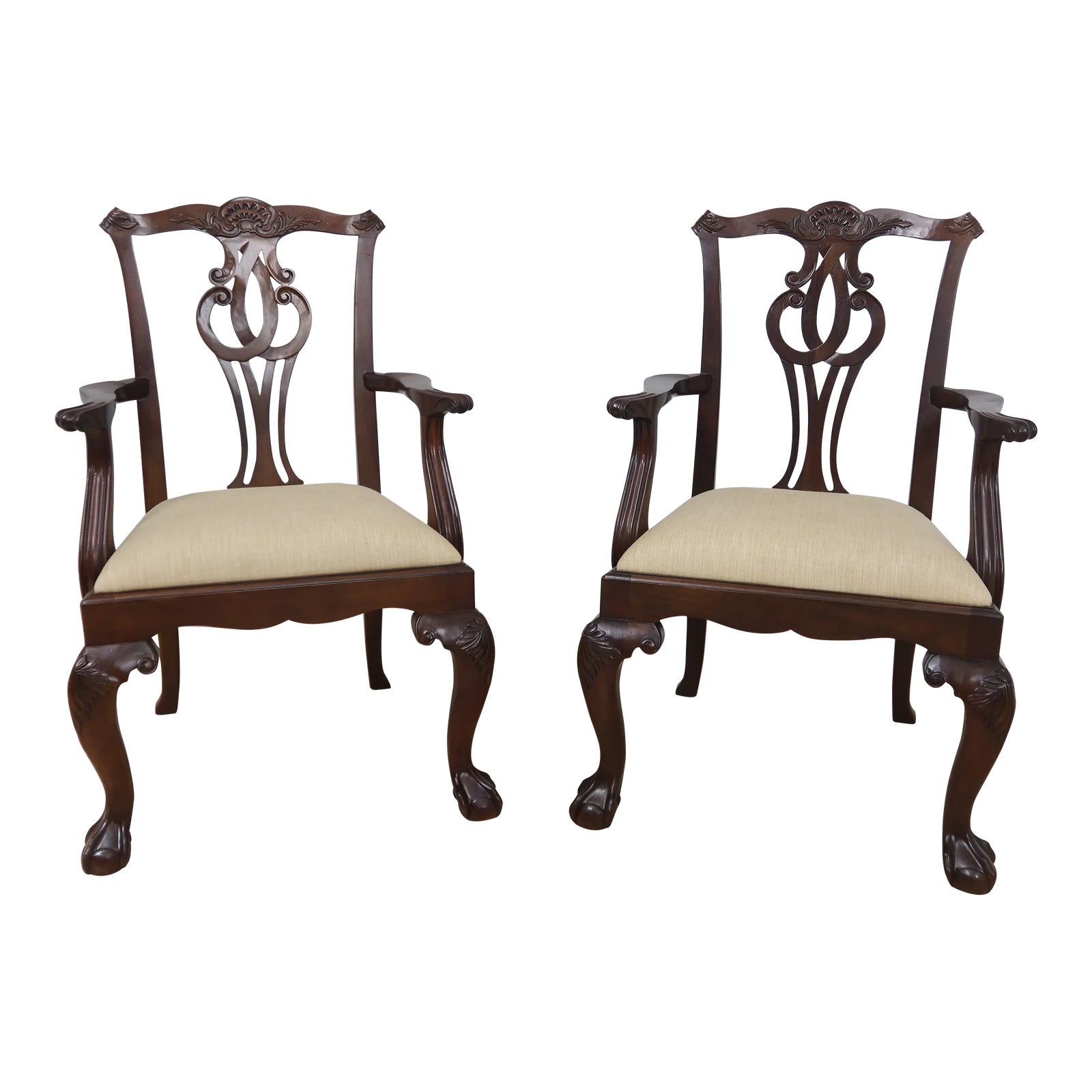Pair Baker Ball & Claw Chippendale Mahogany Armchairs | Chairish