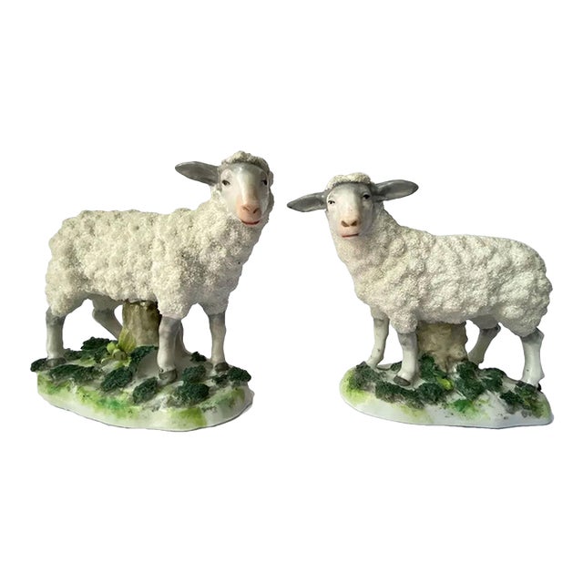 Set of Two German Porcelain Encrusted Sheep Figurines | Chairish