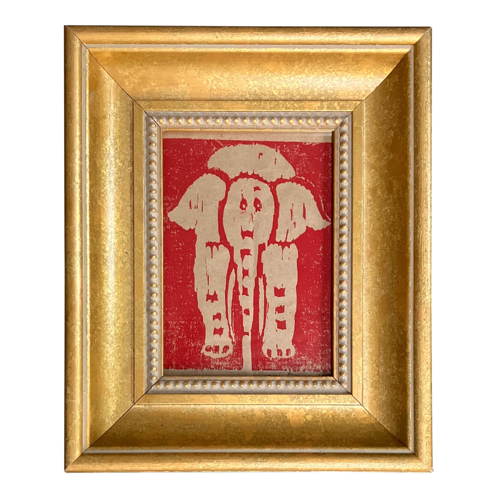 1970’s Original Small Elephant Red Wood Block Print Chunky Gold Frame ...