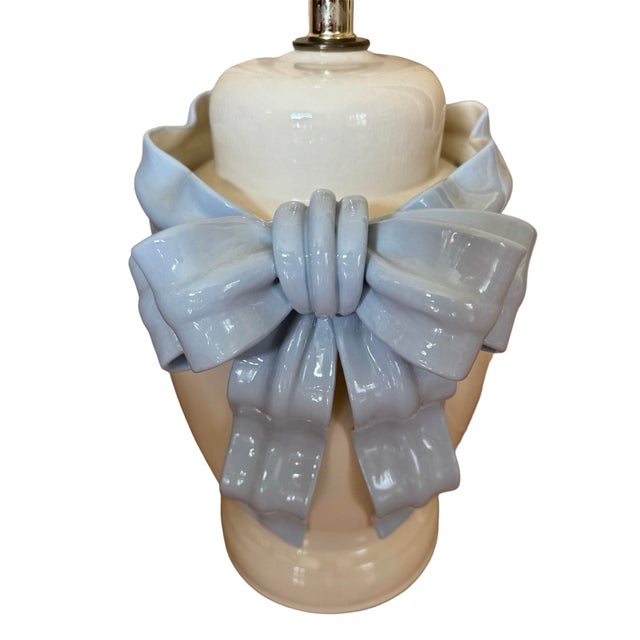 Large Vintage Ceramic Lamp With Blue Bow | Chairish