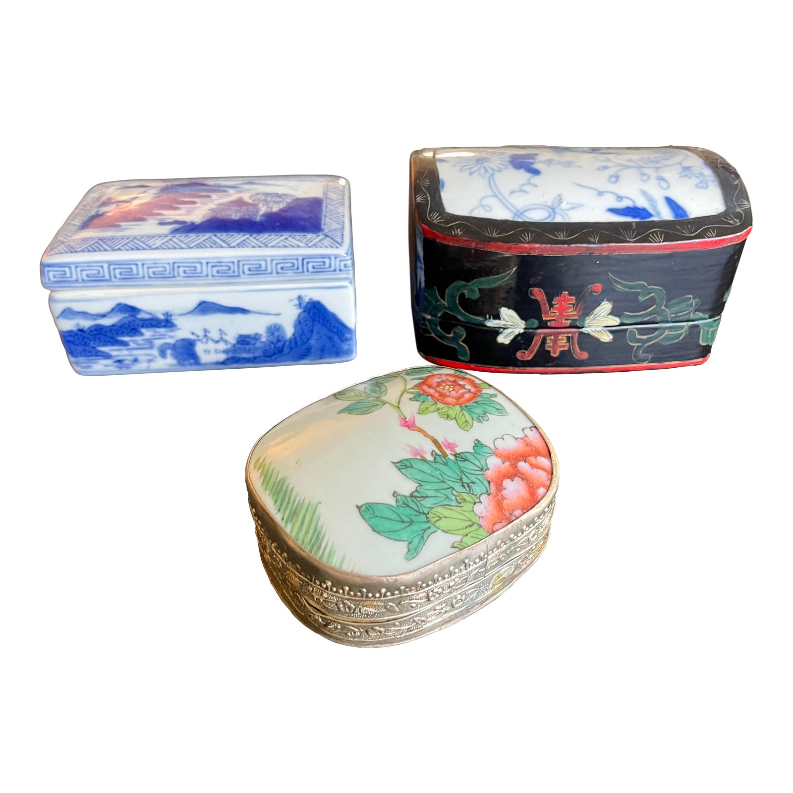 Chinoiserie Antique Enameled Boxes, Set of Three | Chairish